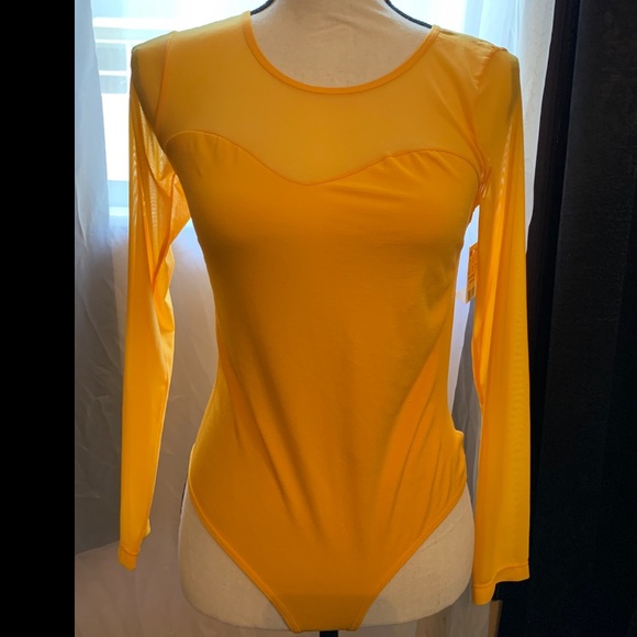 MadRag | Tops | Yellow Sheer Top And Sleeves Thong Bodysuit | Poshmark